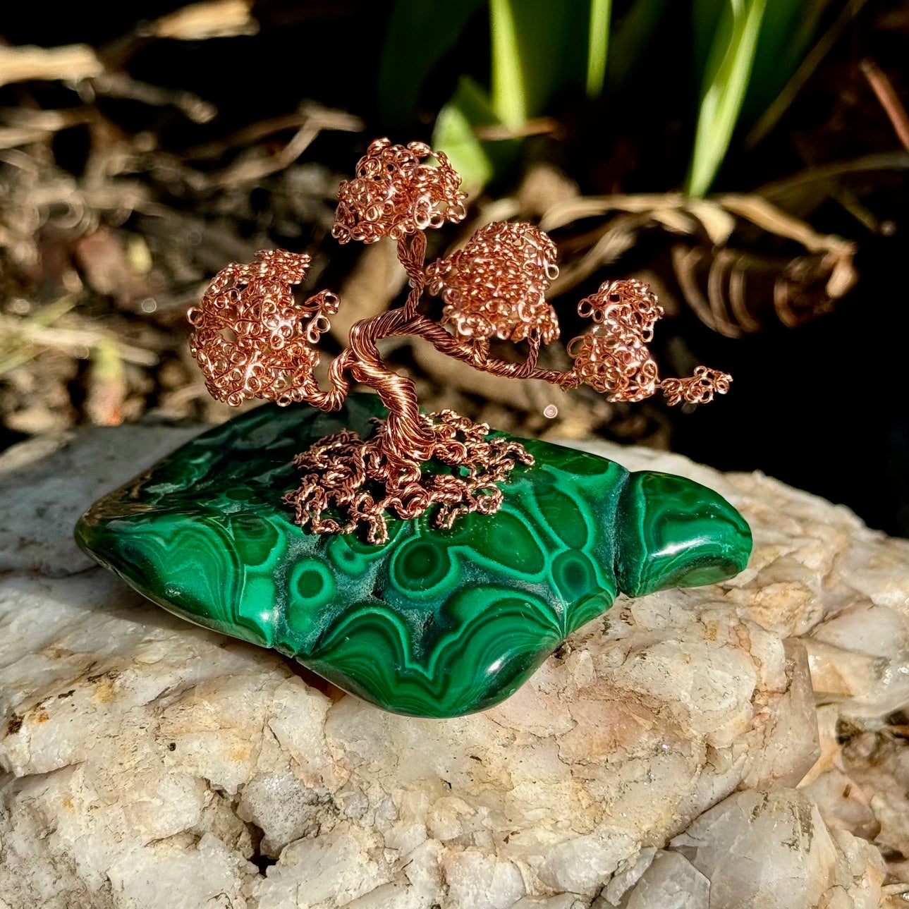 Micro Copper Bonsai on Malachite | WireStruck